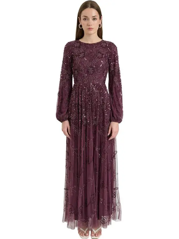 MARYISA Modest Embellished Sequin Beaded Maxi Dress - Mauve