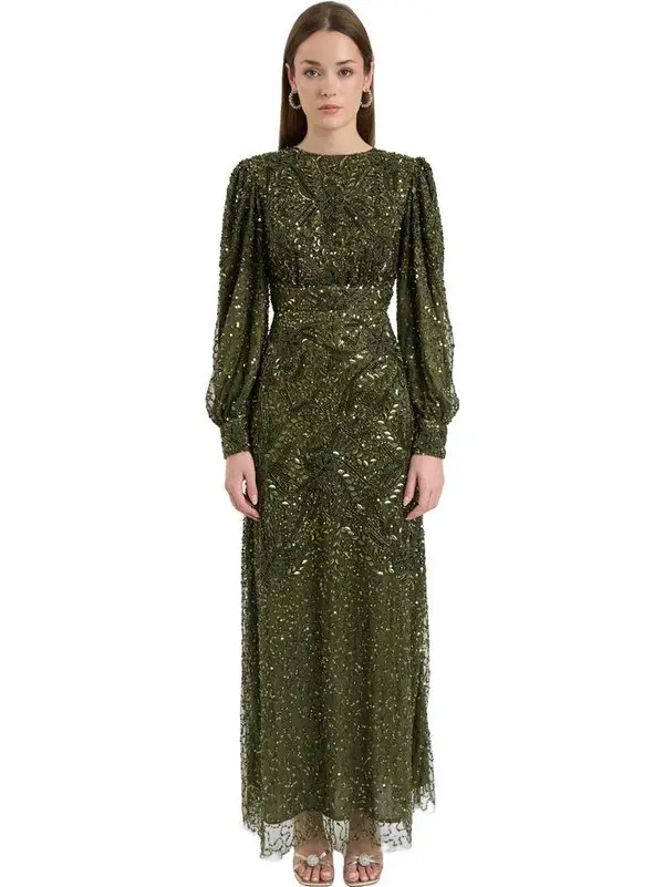 MARYISA Embellished Sequin Beaded Maxi Dress With Cuffs - Olive