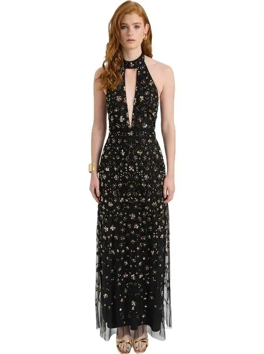 BEAUUT Embellished Sequin Beaded Maxi Gown With Halter Neck - Black