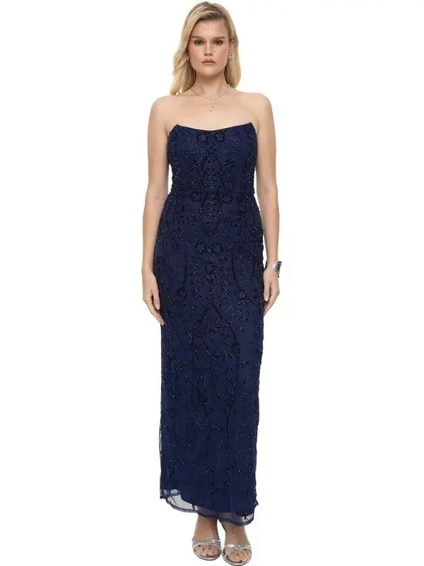 BEAUUT Embellished Sequin Beaded Strapless Maxi Dress - Mid Night Blue