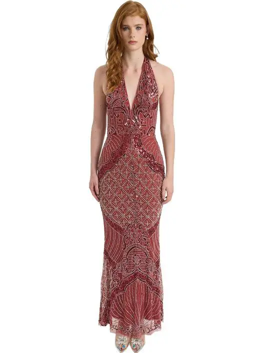 BEAUUT Embellished Sequin Beaded Maxi Gown - Rust