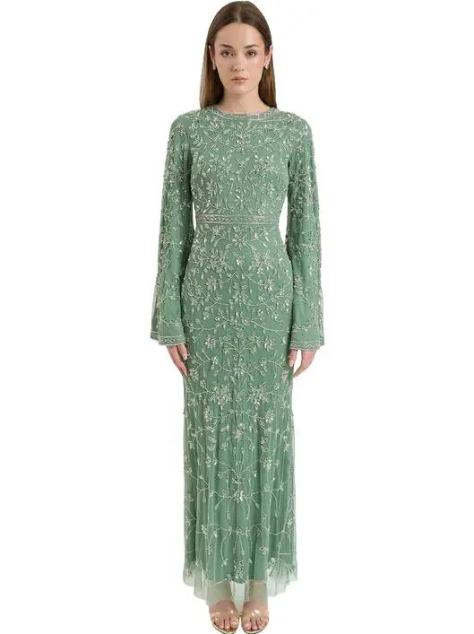 MARYISA Sequin And Beaded Maxi Dress With Sleeves - Green
