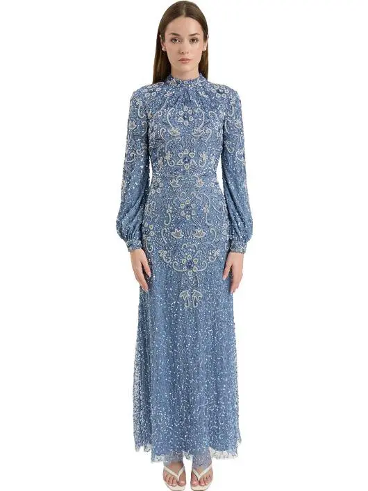 MARYISA Sequin Embellished Maxi Dress With Cuff Sleeves - Powder Blue