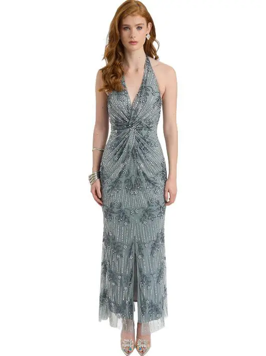 BEAUUT Embellished Sequin Beaded Maxi Dress With Knot Design - Misty Grey
