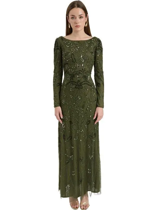 MARYISA Embellished Sequin Beaded Maxi Dress With Wide Neck - Olive