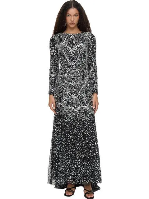 MARYISA Sequin Embellished Maxi Dress With Fitted Bodice - Black