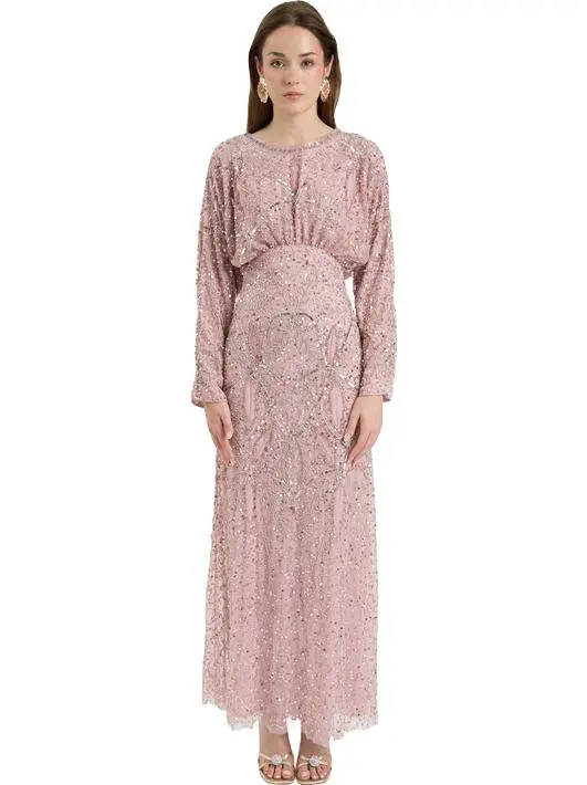 MARYISA Embellished Beaded Maxi Dress With Long Sleeves - Frosted Pink