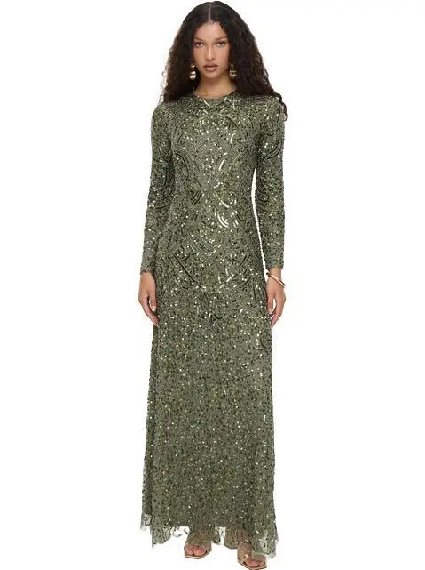 MARYISA Embellished Sequin Beaded Maxi Dress - Olive
