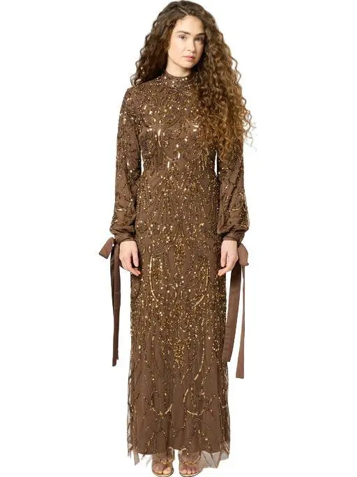 MARYISA Embellished Sequin Maxi Dress With Ribbon Sleeves - Chocolate
