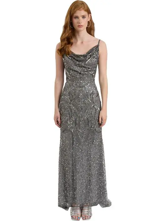 BEAUUT Embellished Sequin Beaded Maxi Dress With Cowl Neck - Charcoal