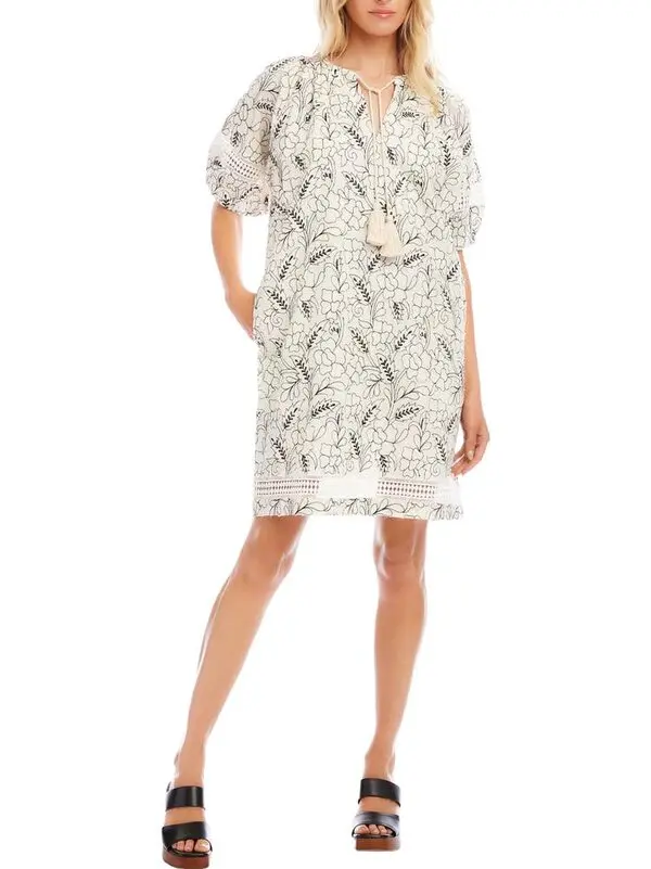 Karen Kane Floral Embroidered Tassel Cotton Dress - Cream