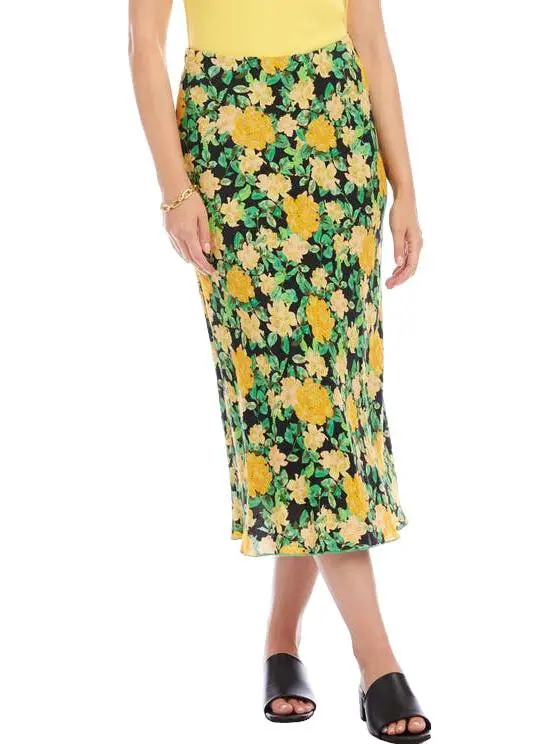 Karen Kane Floral Print Bias Cut Midi Skirt - Yellow Floral
