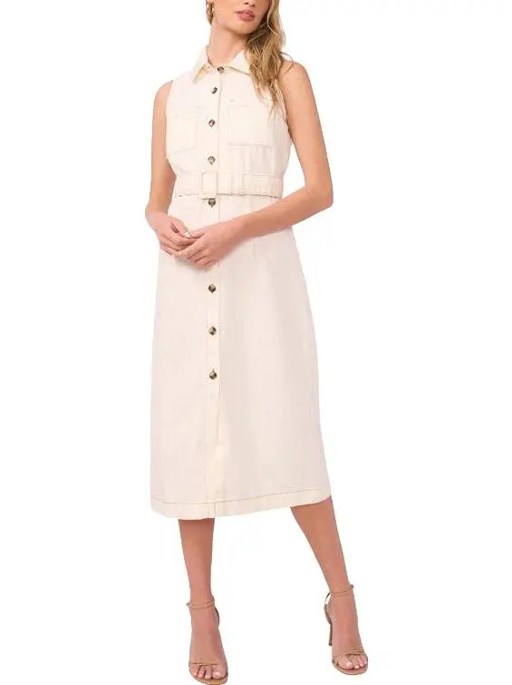 Vince Camuto Belted Sleeveless Midi Shirtdress - Antique White