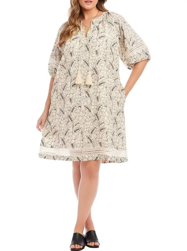 Karen Kane Floral Embroidered Tassel Cotton Dress - Cream