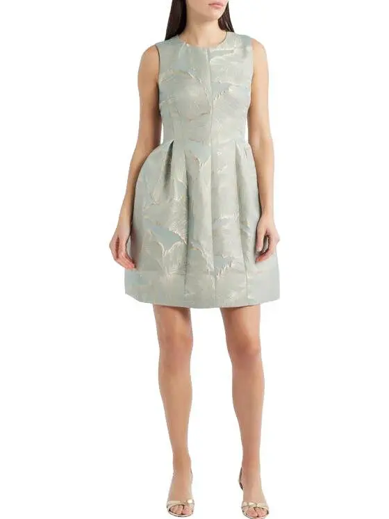 Anne Klein Leaf Jacquard Sleeveless Fit & Flare Dress - Soft Aloe/gold