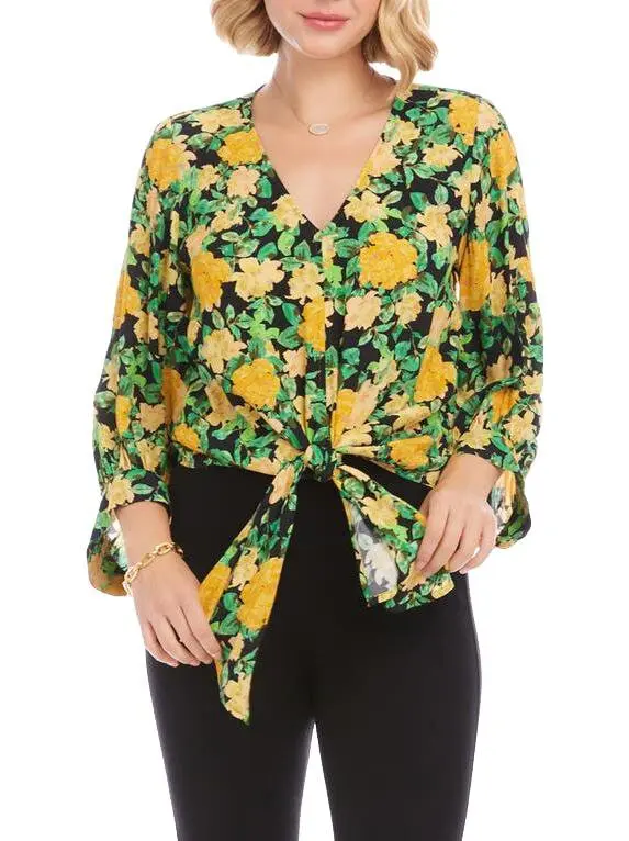 Karen Kane Floral Print Tie-front Top - Yellow Floral