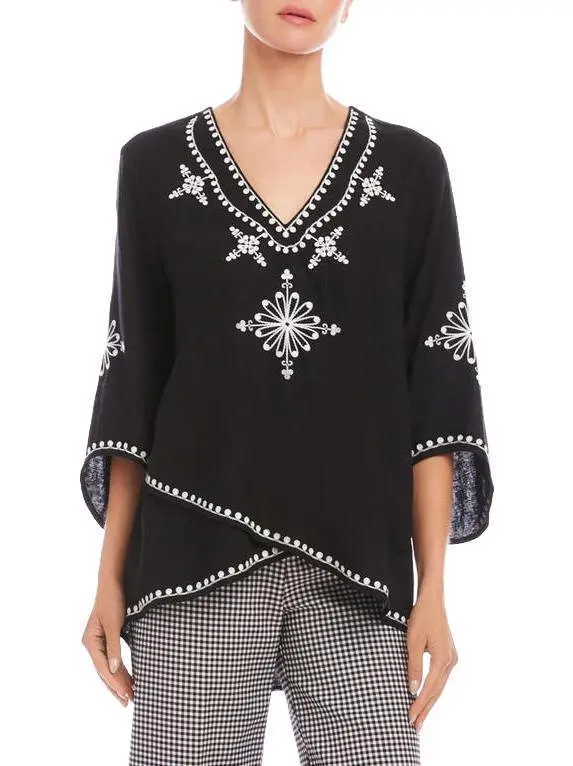Karen Kane Embroidered Asymmetric Hem Linen-blend Top - Black