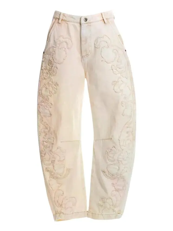 Agua Bendita Fallon Distressed Floral-embroidery Jeans - Neutrals