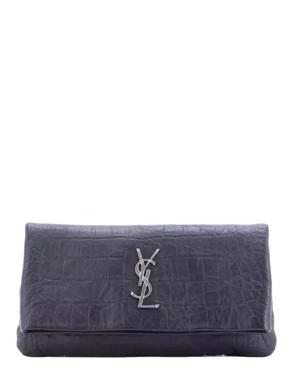 Saint Laurent West Hollywood Fold Over Crocodile Embossed Clutch - Black