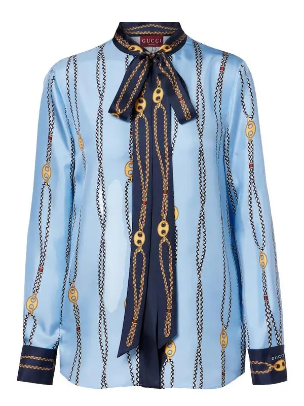 Gucci Printed Tie-neck Silk Twill Shirt - Blue