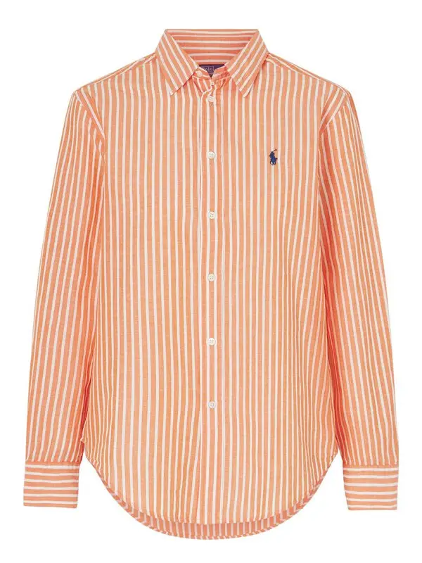 Polo Ralph Lauren Embroidered Striped Cotton And Linen-blend Shirt - Orange