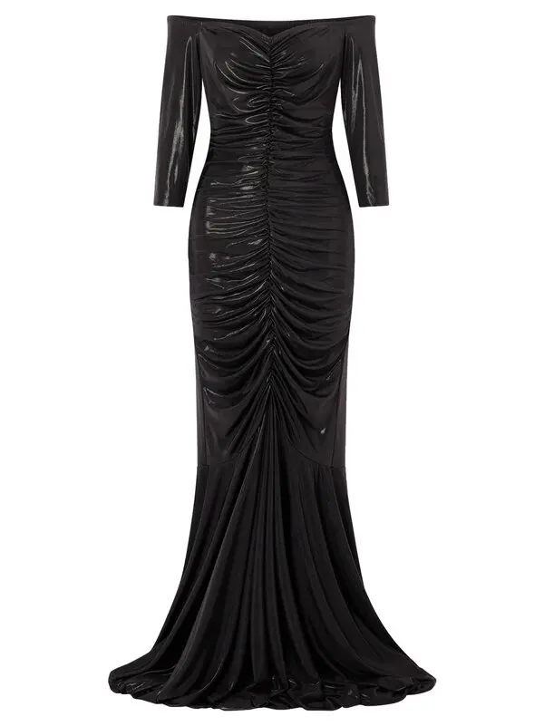 Norma Kamali Off-shoulder Ruched Stretch-lamé Gown - Black