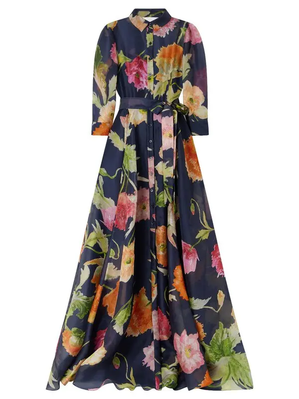 Carolina Herrera Belted Floral-print Silk-organza Gown - Blue