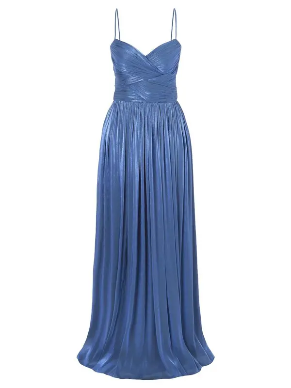 Costarellos Sereen Draped Pleated Metallic Gown - Navy