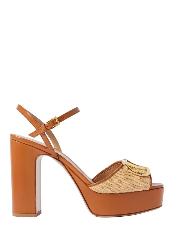 Valentino Garavani Vlogo Signature Leather-trimmed Raffia Platform Sandals - Tan