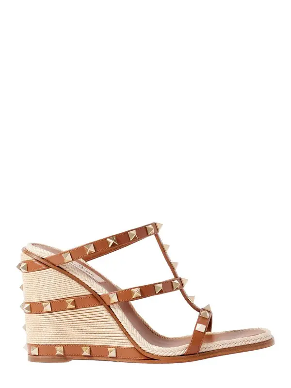 Valentino Garavani Rockstud Leather Wedge Espadrille Sandals - Tan