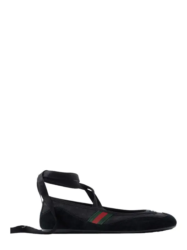 Gucci Embellished Webbing-trimmed Canvas And Suede Ballet Flats - Black