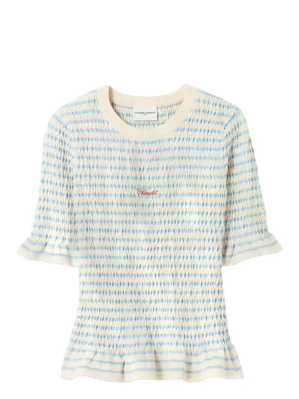 Claudie Pierlot Striped Smocked Top With Ruffled Hem - Neutrals