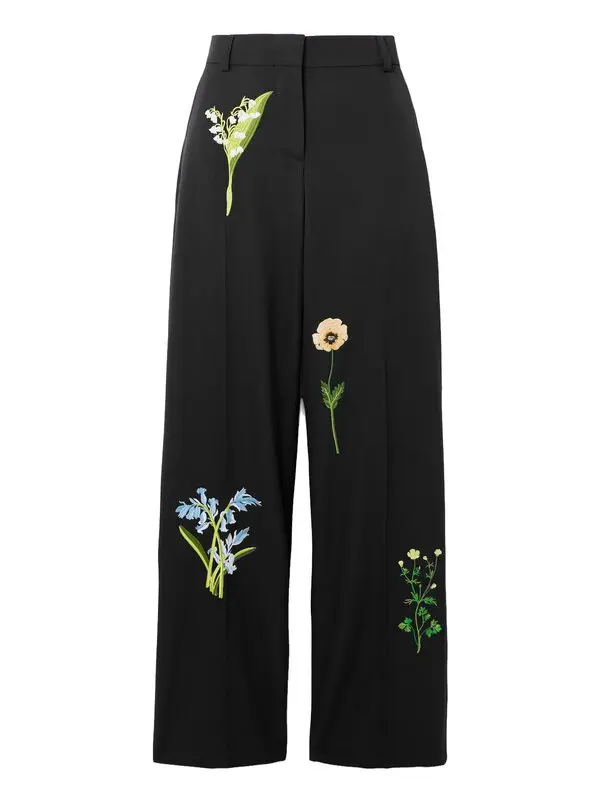 Stella McCartney Embroidered Wide-leg Wool-twill Pants - Black