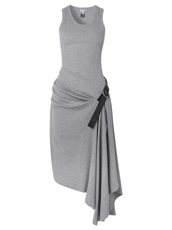 Loewe Asymmetric Belted Draped Cotton-blend Jersey Dress - Gray