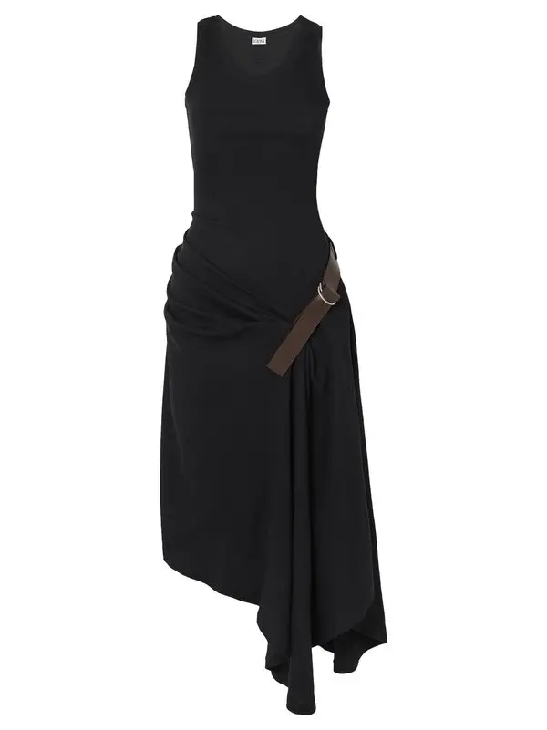 Loewe Asymmetric Belted Draped Cotton-blend Jersey Dress - Black
