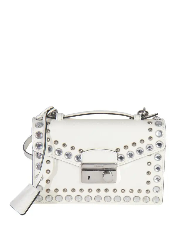 Prada Studded Saffiano Mini Sound Top Handle Crossbody Bag - White