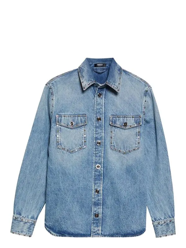 Versace Medusa Studded Denim Button-up Shirts - Light Blue
