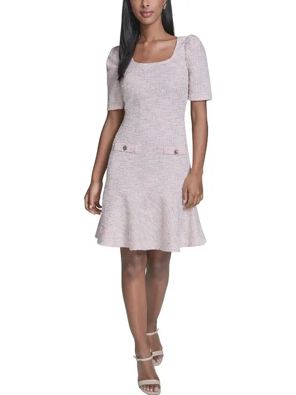 Karl Lagerfeld Frill Hem Metallic Tweed Dress - Pink Multi