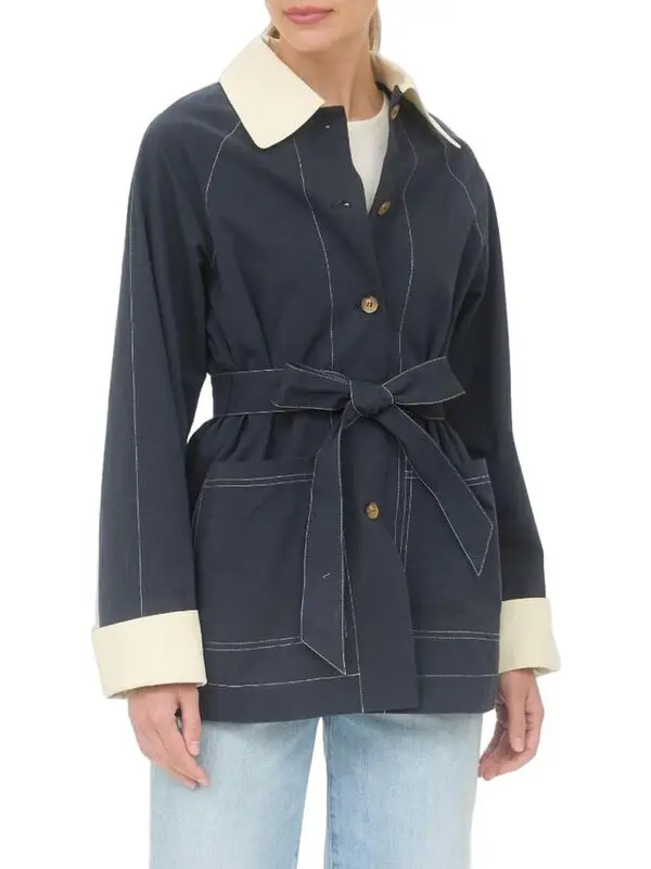 ZOE AND CLAIRE Tie Waist Trench Coat - Navy/ivory