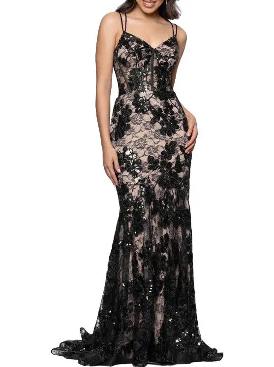 BLONDIE NITES Sequin Strappy Lace Trumpet Gown - Black/nude