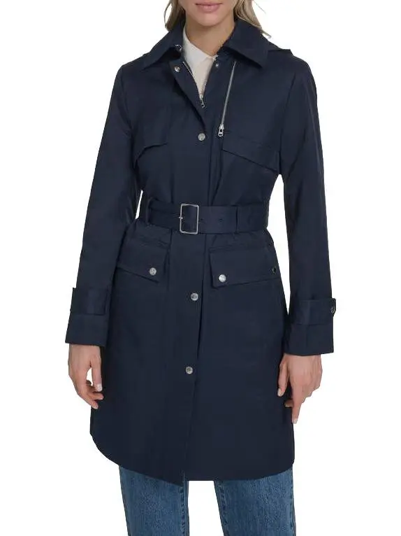 Cole Haan Water Resistant Convertible Collar Belted Trench Coat With Removable Hood - Navy