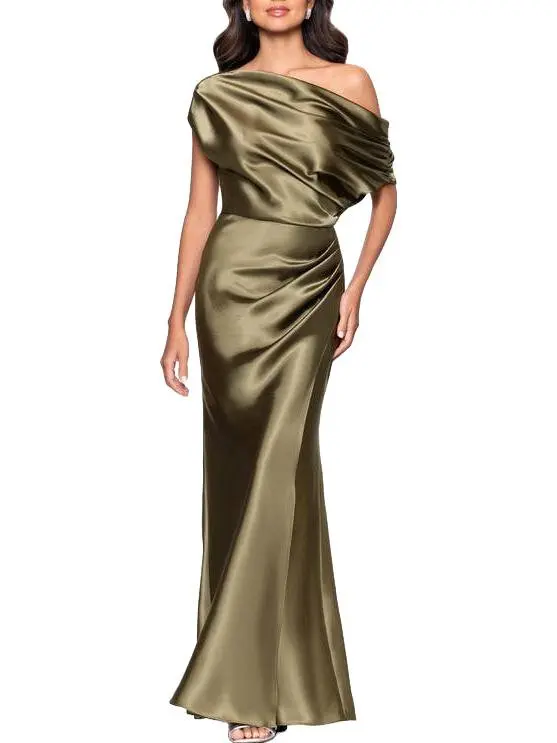 Betsy & Adam One-shoulder Satin Sheath Gown - Olive