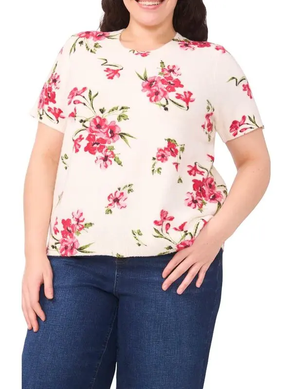 CECE DUPRAZ Floral Short Sleeve Sweater - New Ivory