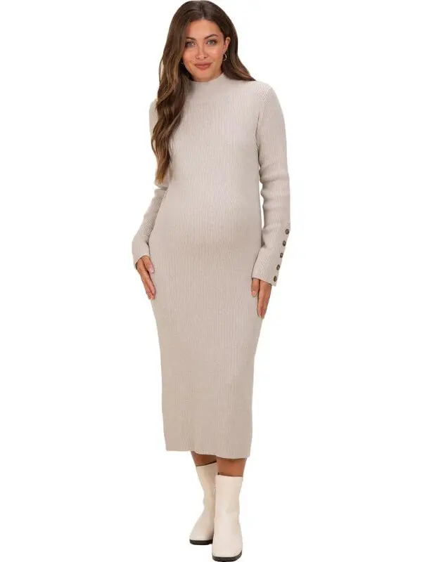 PINKBLUSH Button Sleeve Sweater Maternity Midi Dress - Heather Grey
