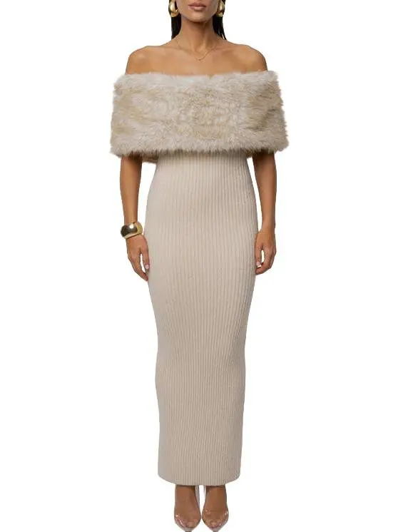 JLUXLABEL Faux Fur Off-the-shoulder Rib Knit Dress - Beige