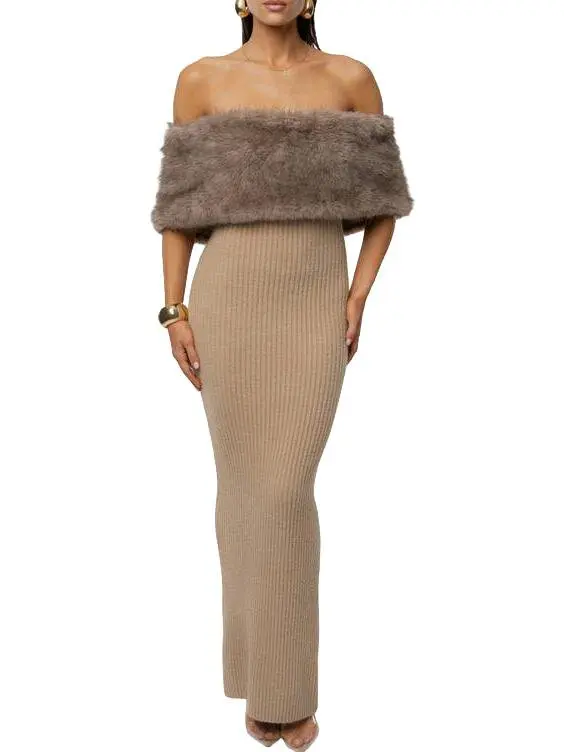 JLUXLABEL Faux Fur Off-the-shoulder Rib Knit Dress - Brown