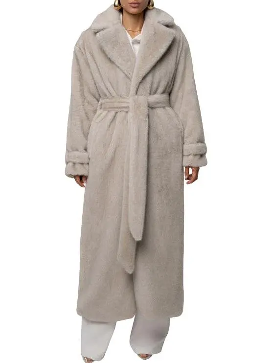 JLUXLABEL Uptown Belted Faux Fur Longline Coat - Gray