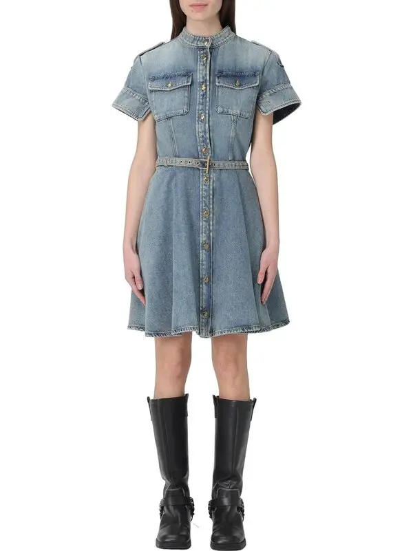 Alexander McQueen Shirtdress With Mandarin Collar And Belt - Denim