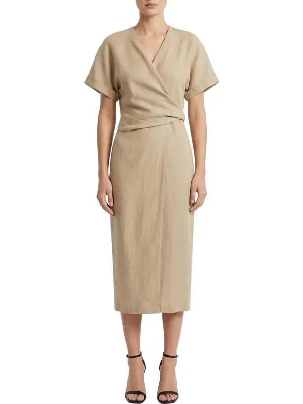Brunello Cucinelli Linen Blend Midi Wrap Dress - Beige