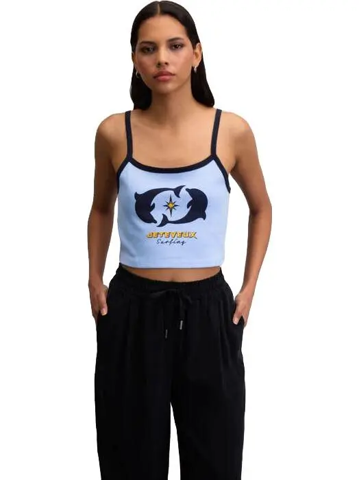 JE TE VEUX Nami Dolphin Graphic Crop Tank Top - Light Blue